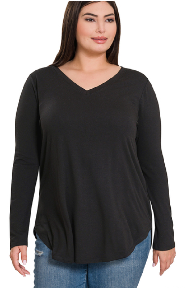 Curvy V-Neck Round Hem Top-Black – Kindred Spirit Style